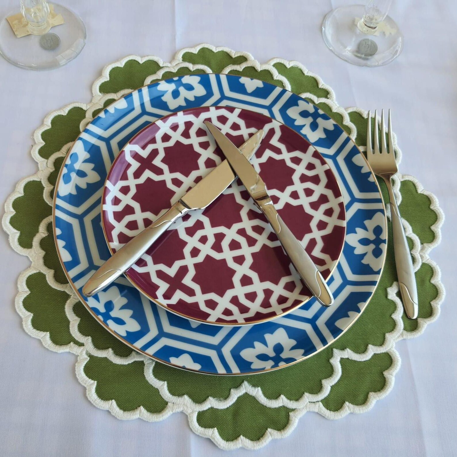 Elegant Green and White Handmade Fabric Placemat With Scalloped Edge ...