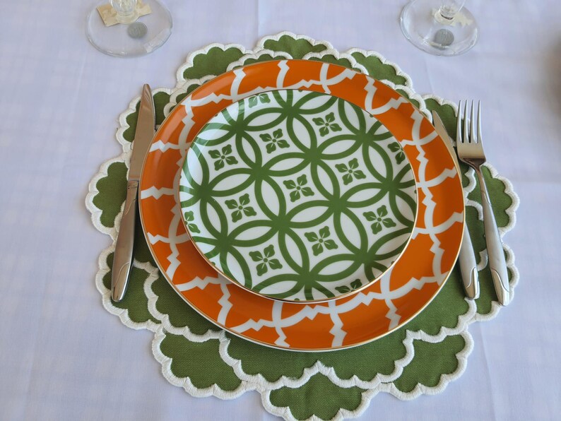 Elegant Green and White Handmade Fabric Placemat With Scalloped Edge ...