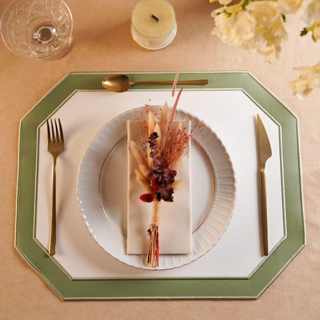 Embroidered Octagon Placemat: White & Green Faux Leather, Waterproof - Etsy