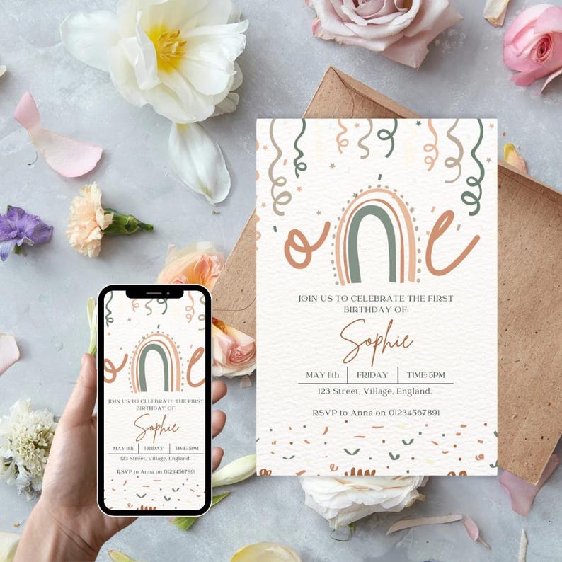 Rainbow First Birthday Party Invitation Digital Download - Etsy