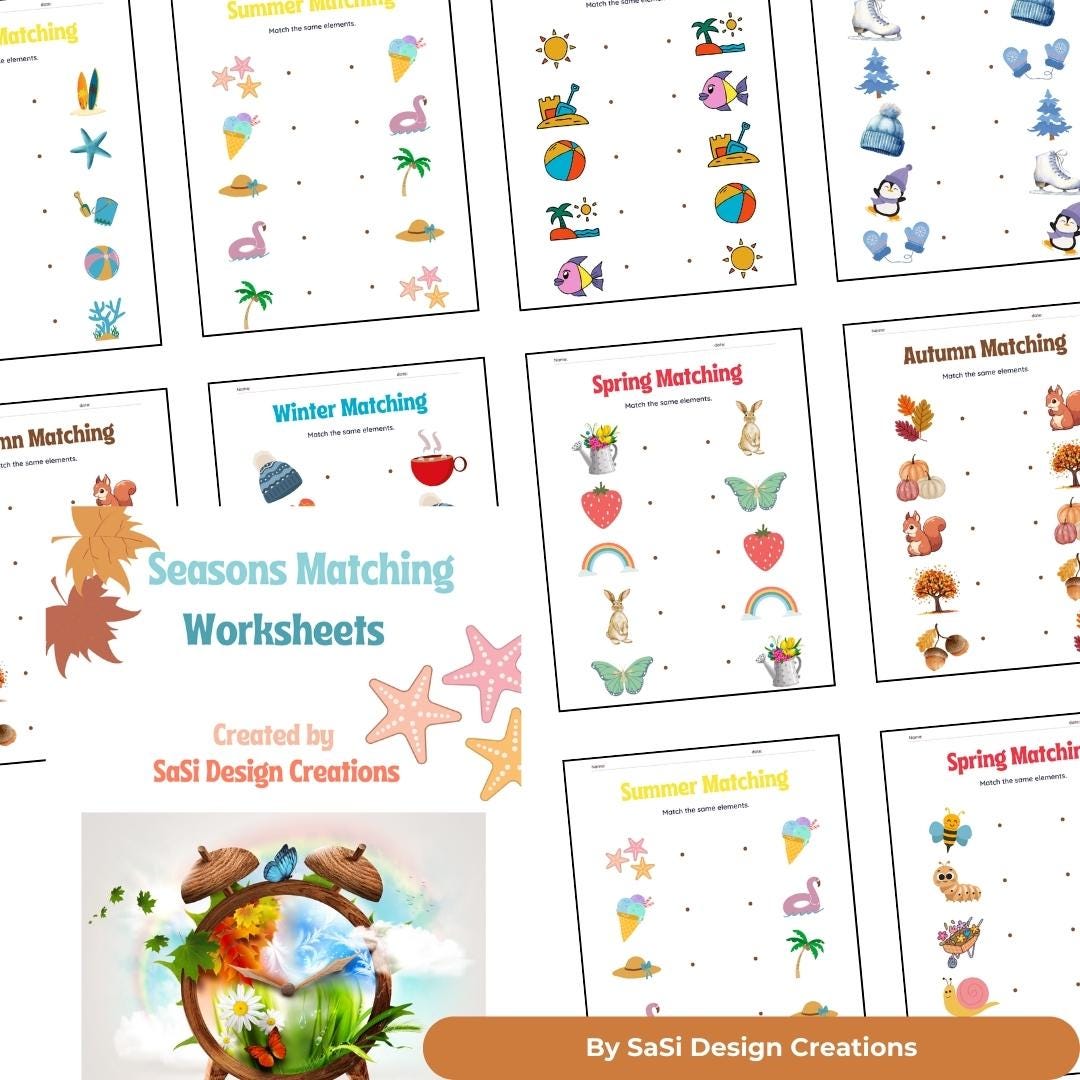 12 Printable Seasons Matching Worksheets, Kindergarten Preschool ...