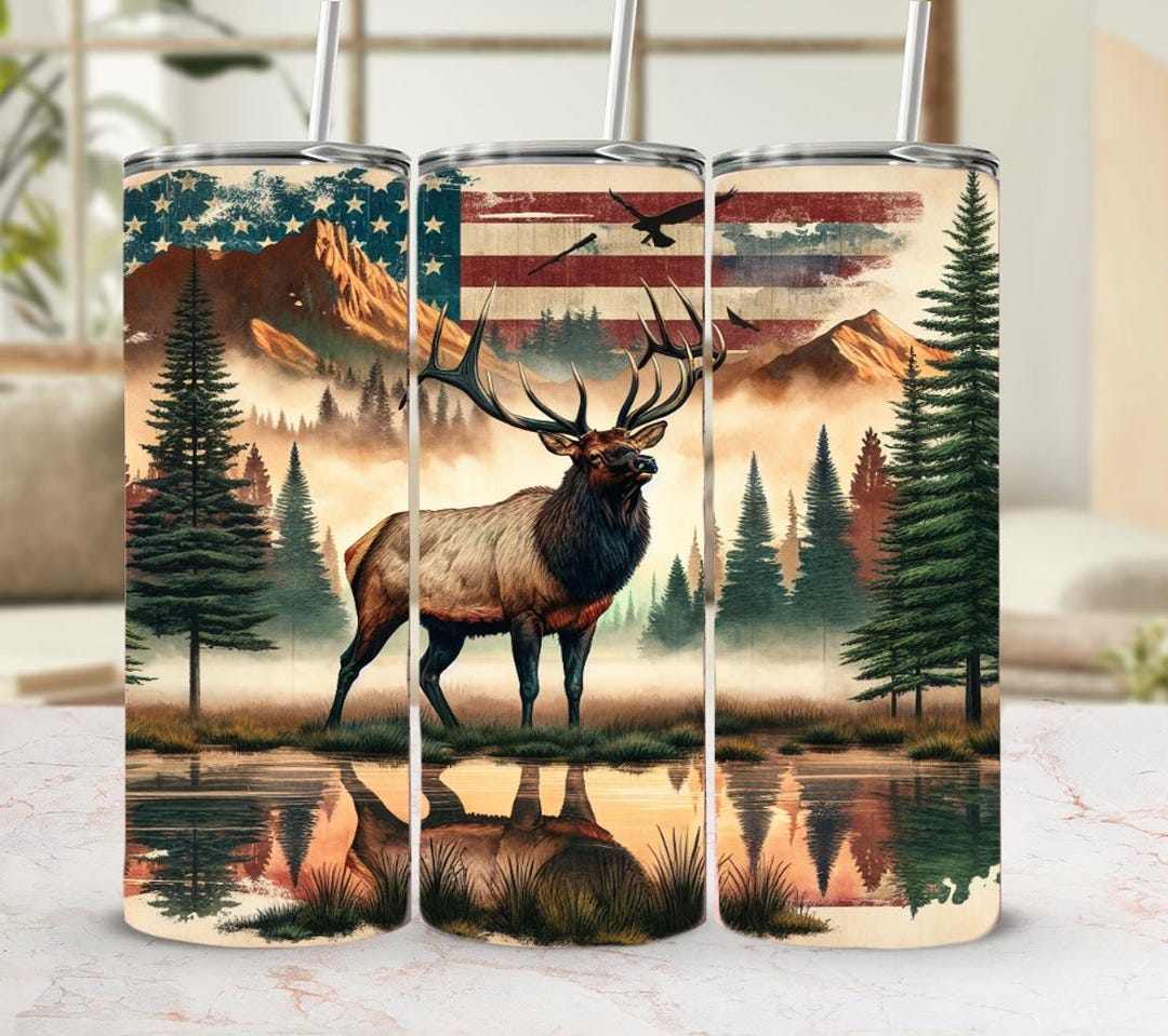 Elk Tumbler Wrap PNG – 20oz Skinny Sublimation Design, Patriotic Deer ...
