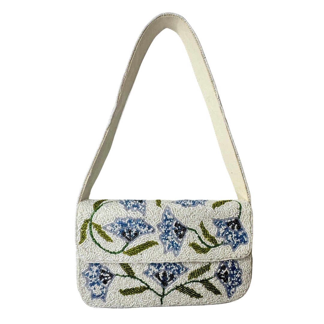 Blue Floral Beaded Shoulder Bag, Handmade Seed Bead Flower Purse, Ivory ...