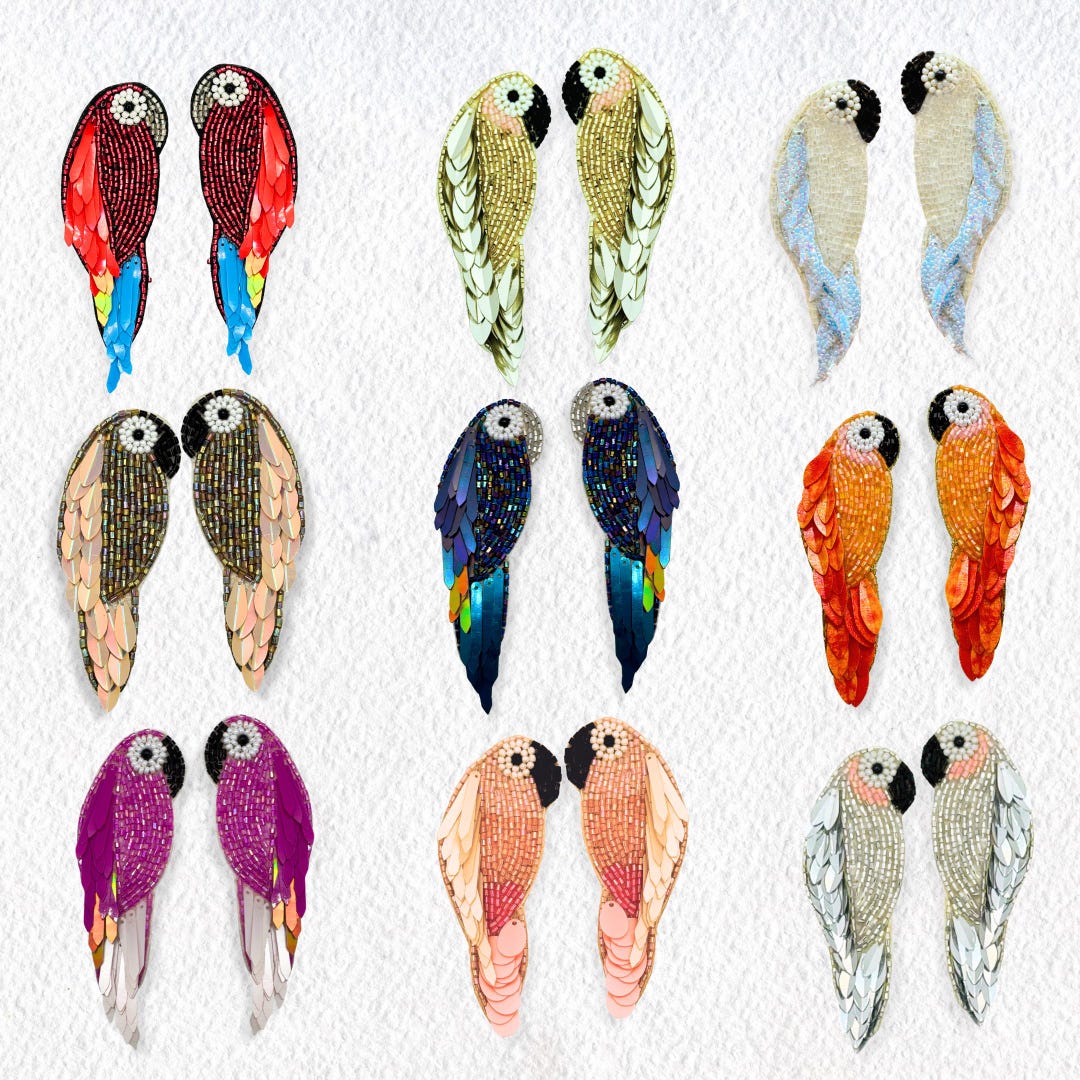 Handmade Colorful Parrot & Luxe Bird Wing Earrings – Beaded Feather ...