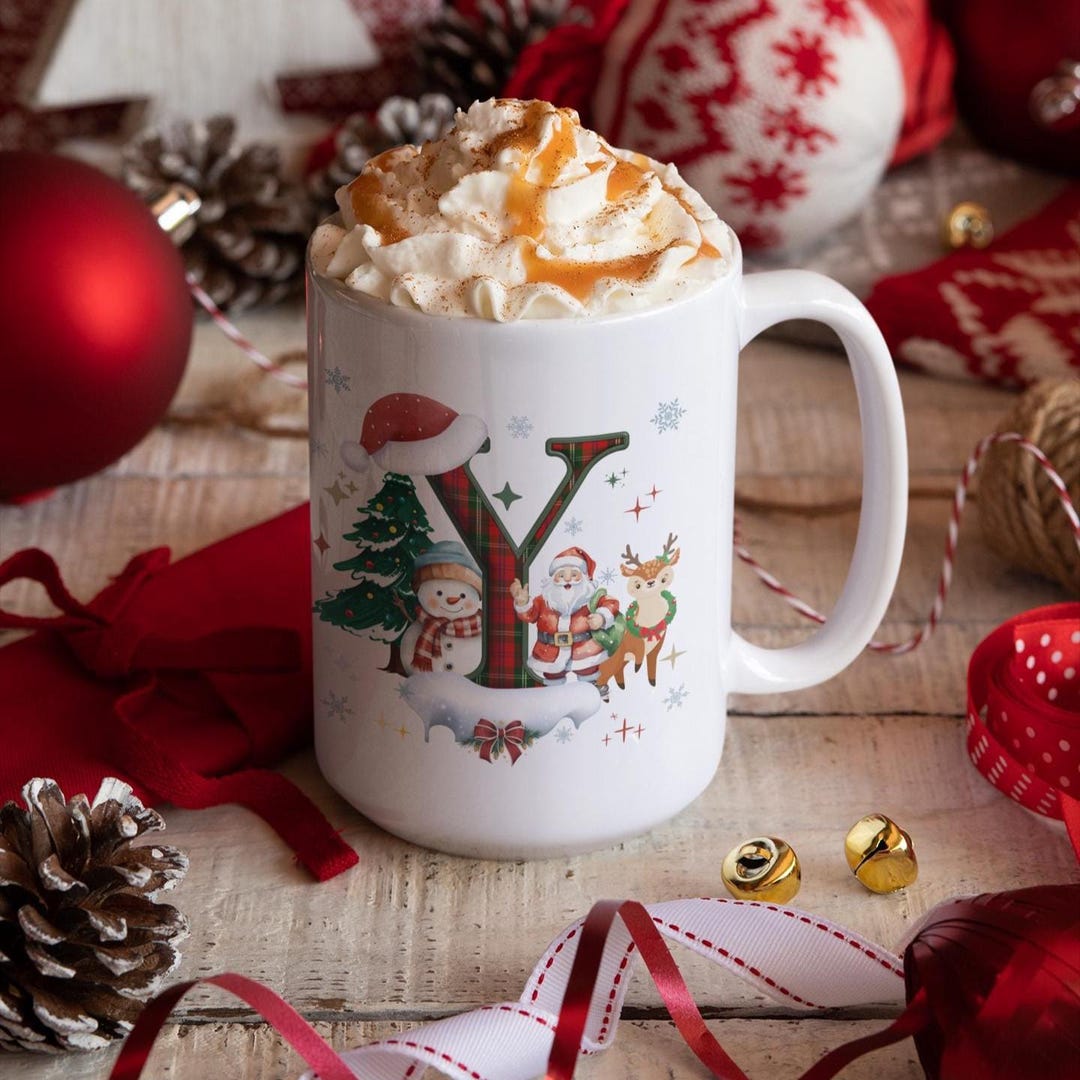 Christmas Mug Letter Y – Plaid Initial Holiday Cup, Santa Snowman ...
