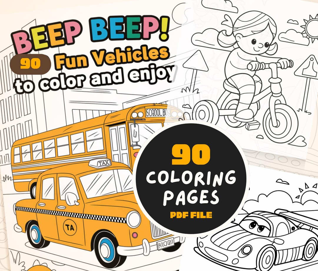 90 Vehicle Coloring Pages for Kids PDF Activity Book Toddler Busy Book ...