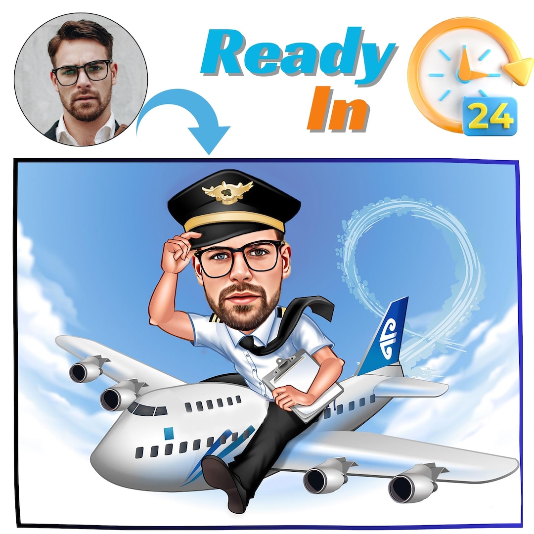 Pilot Caricature Gifts, Cartoon Pilot Portrait, Aviation Gifts Airplane ...