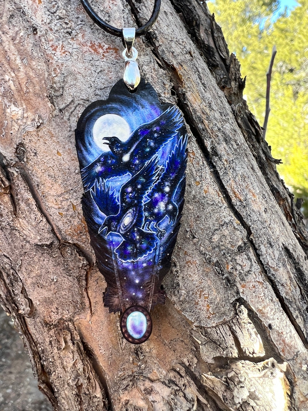 Witchy Star Ravens Cosmic Animal Spirit Wooden Feather Printed Pendant ...