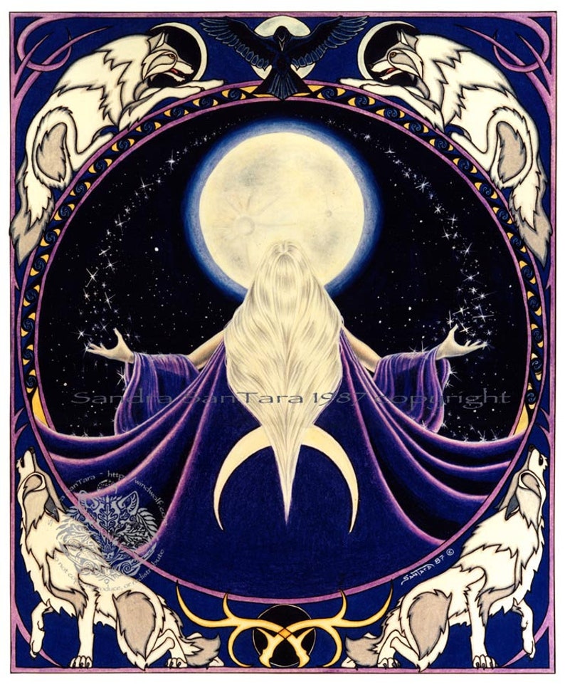 Witchy Moon Wolf Pagan Goddess Print | Etsy