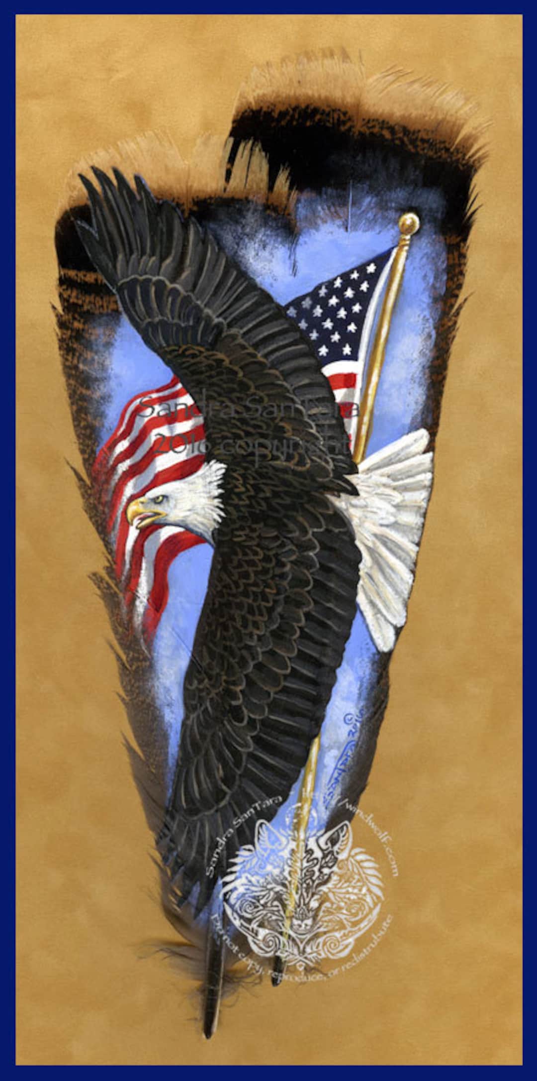Patriotic Bald Eagle Soaring American Flag Wildlife Art Painted Feather ...