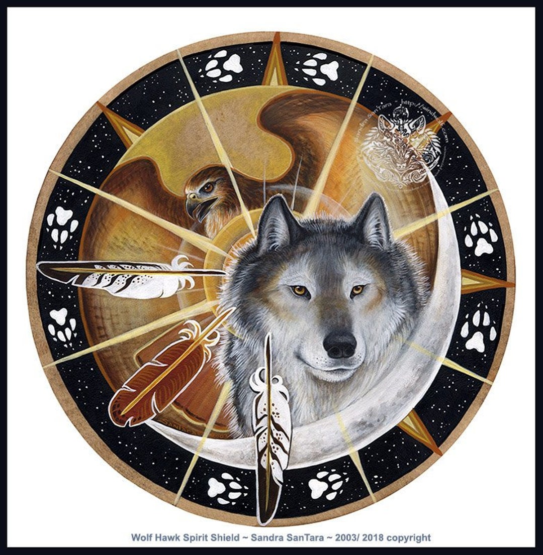 Wolf Redtail Hawk Spirit Animal Shield Print - Etsy