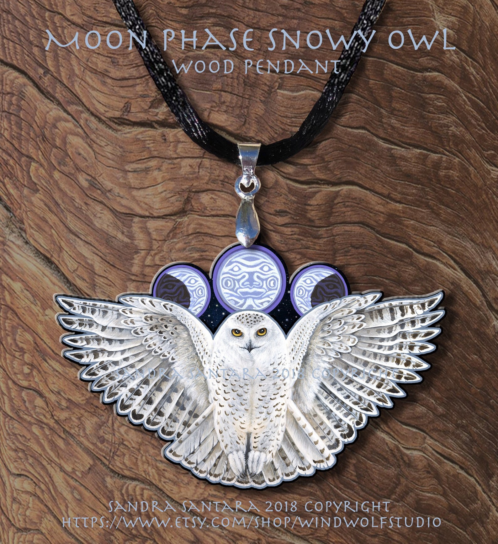 Snowy Owl Moon Phases Wooden Printed Pendant - Etsy