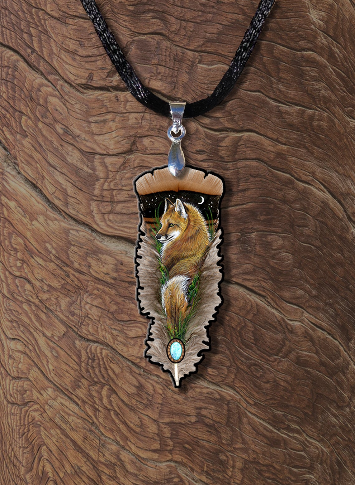 Red Fox Spirit Animal Painted Feather Wooden Printed Pendant | Etsy