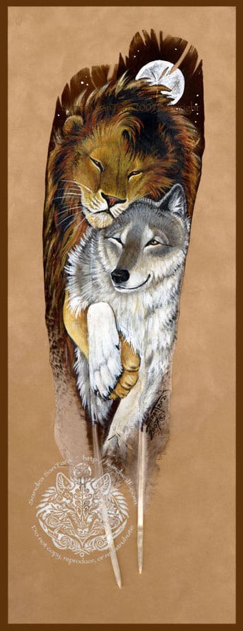 Lion and Wolf Couple Wildlife Art Painted Feather Print - Etsy