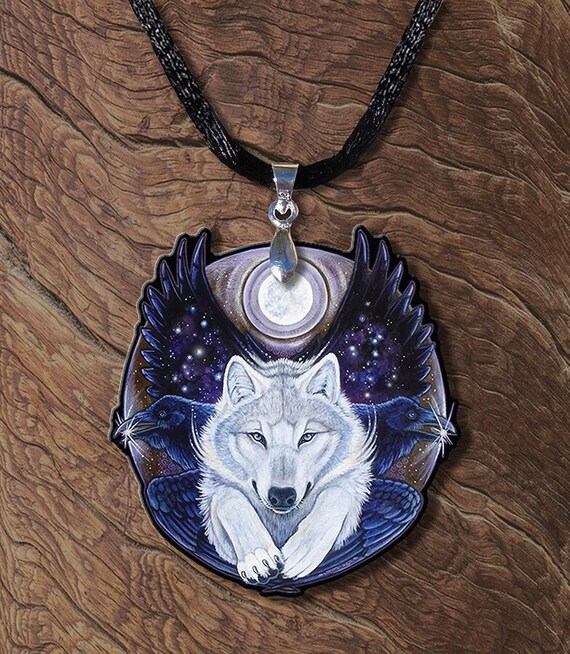 Magical White Wolf Ravens Wooden Printed Pendant - Etsy