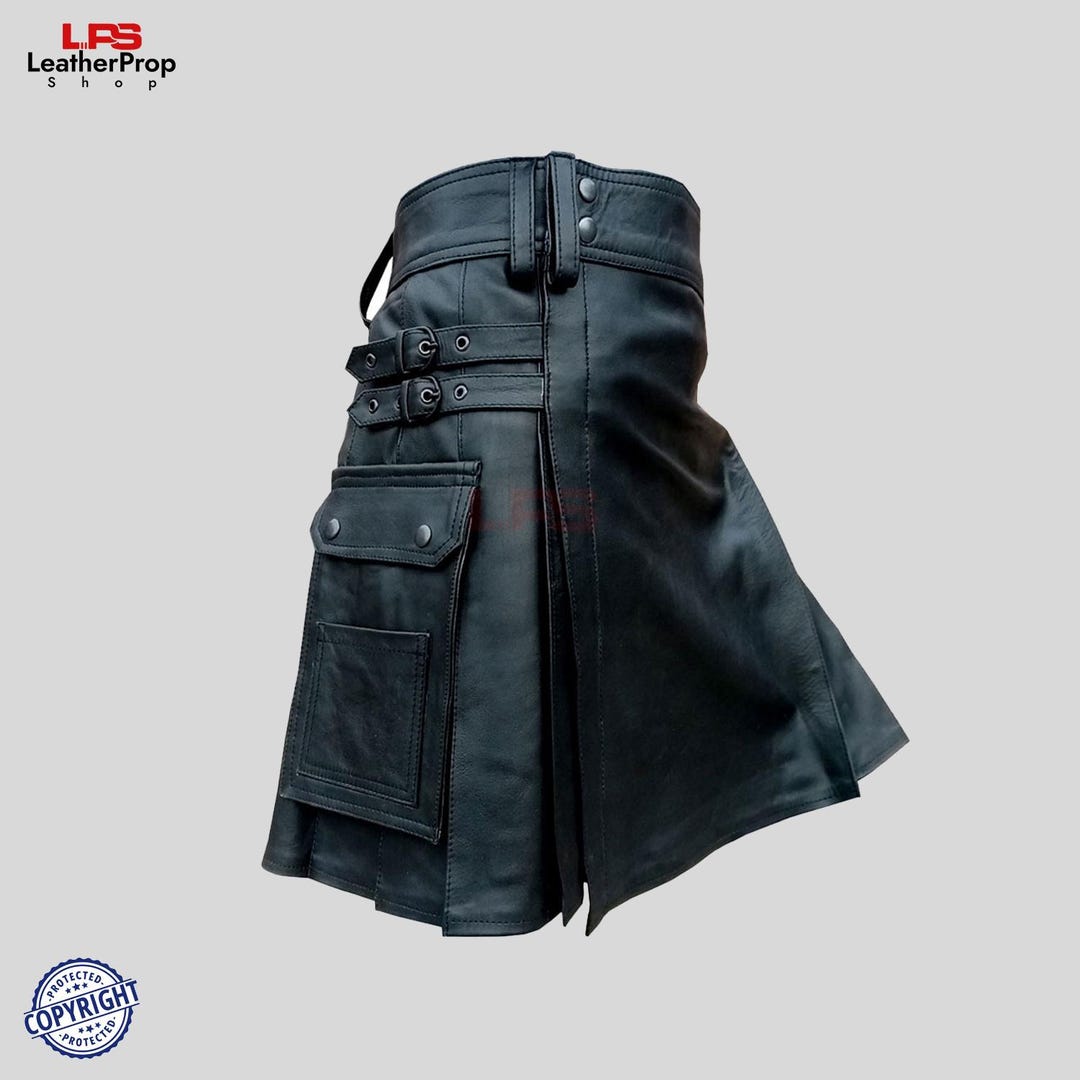 Men's Utility Leather Kilt Black, Real Cowhide Highlander Kilts, Custom ...