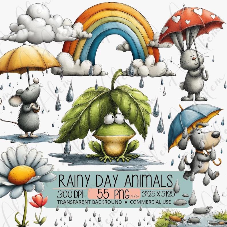 Rainy Day Animals Clipart, Watercolor Kids Illustration, Nursery Decor ...