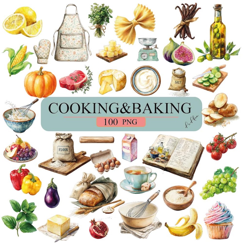Rustic Kitchen Clipart Bundle, Watercolor - Cooking Elements, Farmhouse ...