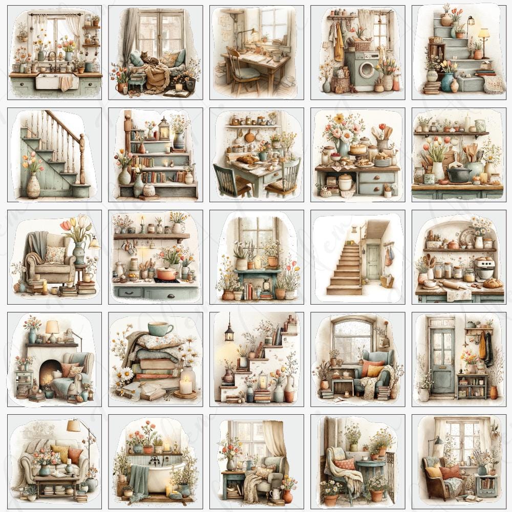 Cozy Home Clipart Bundle, Rustic Interior PNG Set, Cottagecore Decor ...