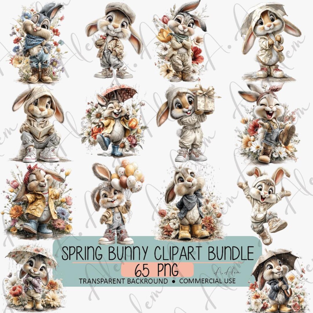 Spring Bunny Clipart Bundle,rabbit, Vintage Storybook Bunny, Floral ...