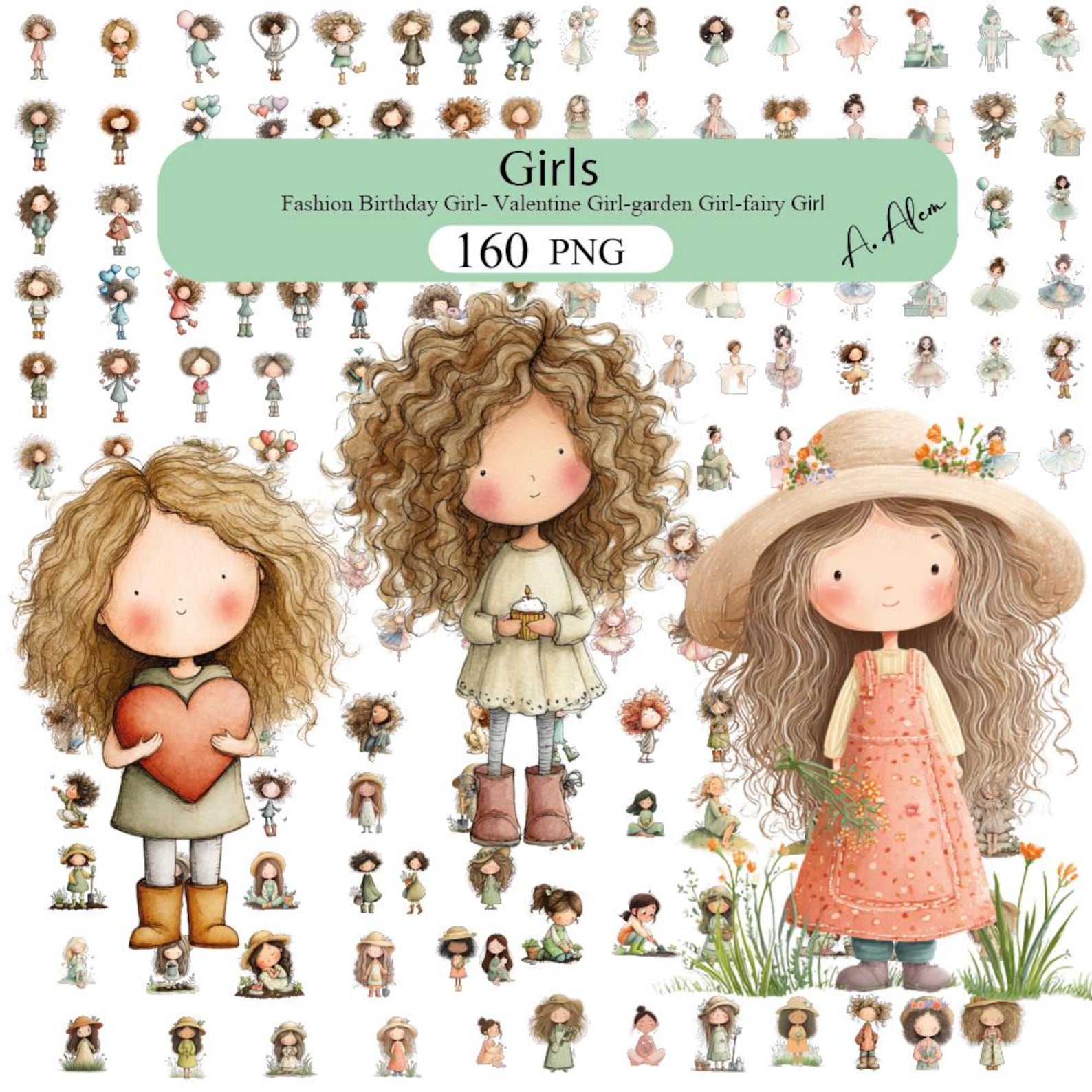Hand-drawn Girls Clipart Bundle | 160 PNG Illustrations (digital ...