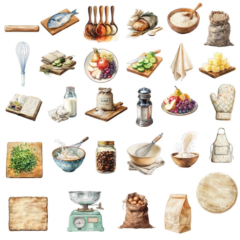 Rustic Kitchen Clipart Bundle, Watercolor - Cooking Elements, Farmhouse ...