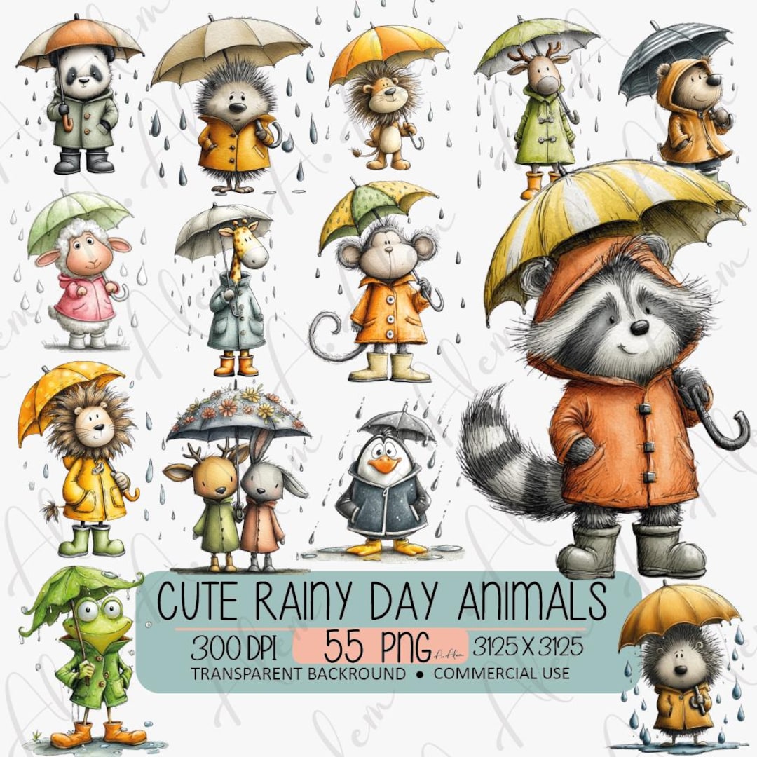 Rainy Day Animals Clipart Bundle, Umbrella Animals, Kawaii Nursery Art ...