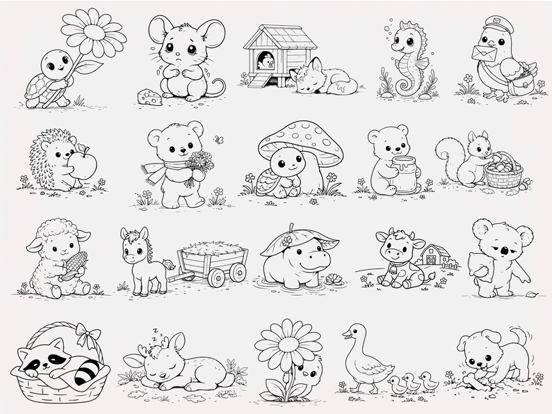 Animal Coloring Pages Bundle, Woodland Farm SVG PNG (digital Download ...