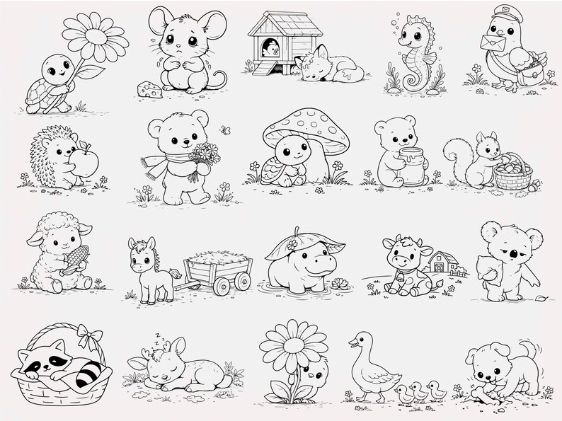 Animal Coloring Pages Bundle, Woodland Farm SVG PNG (digital Download ...