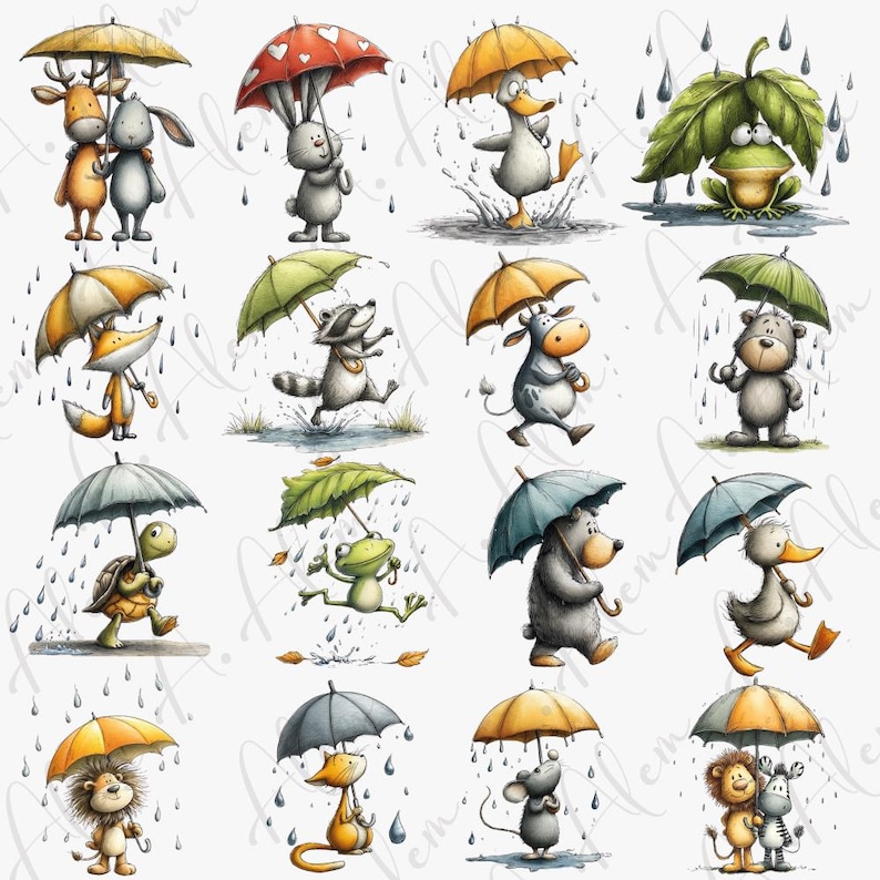 Rainy Day Animals Clipart, Watercolor Kids Illustration, Nursery Decor ...