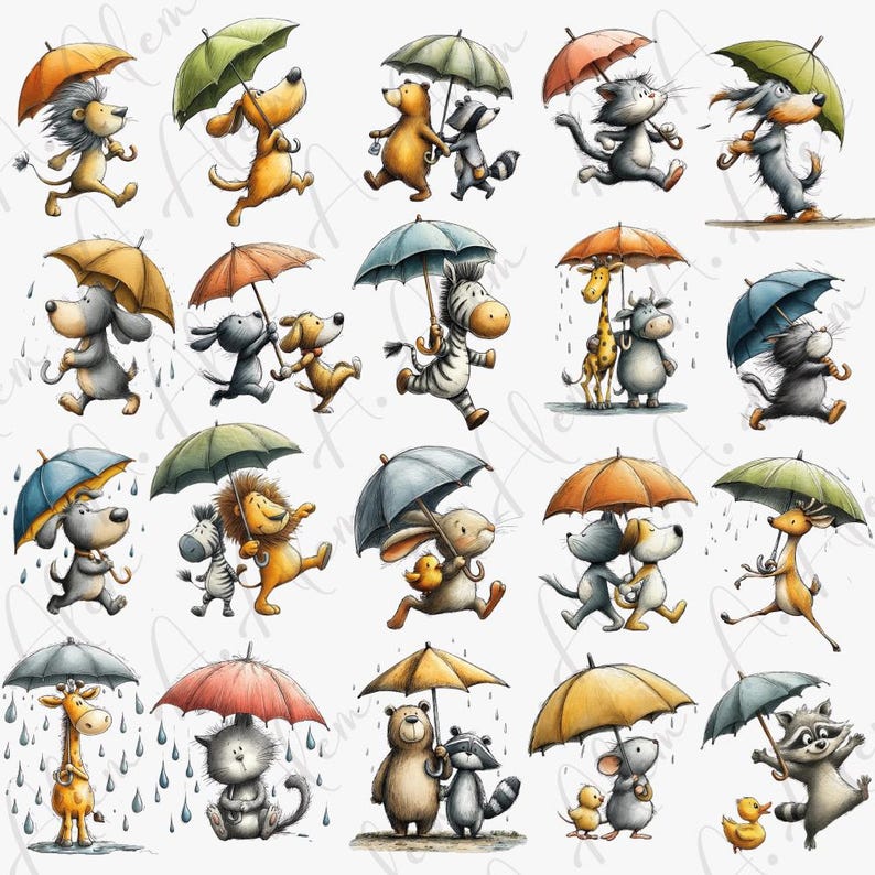Rainy Day Animals Clipart, Watercolor Kids Illustration, Nursery Decor ...
