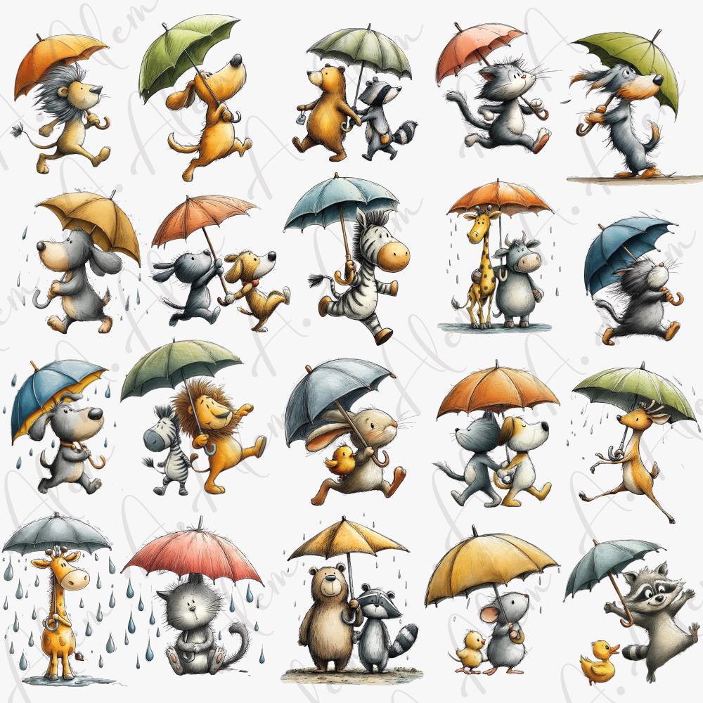 Rainy Day Animals Clipart, Watercolor Kids Illustration, Nursery Decor ...