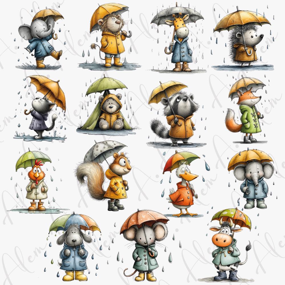 Rainy Day Animals Clipart Bundle, Umbrella Animals, Kawaii Nursery Art ...