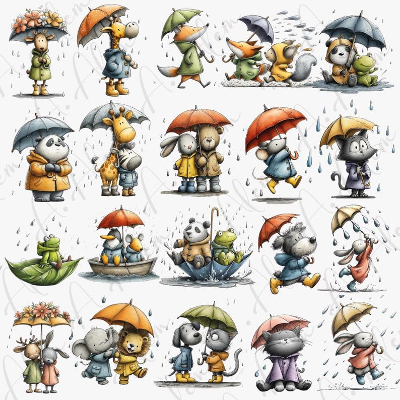 Rainy Day Animals Clipart Bundle, Umbrella Animals, Kawaii Nursery Art ...