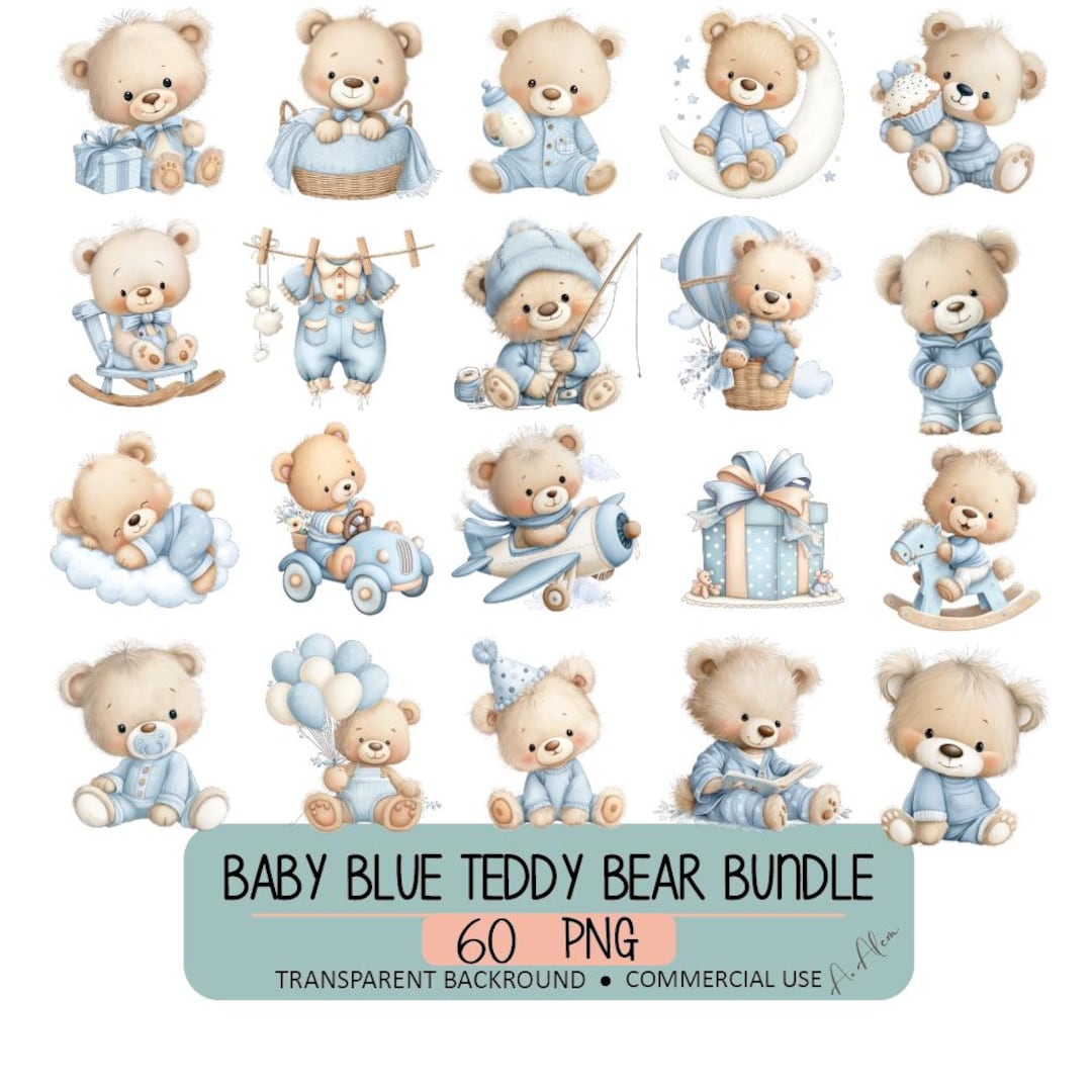 Baby Blue Teddy Bear Clipart Bundle, Kids Bear Illustration Set - Etsy