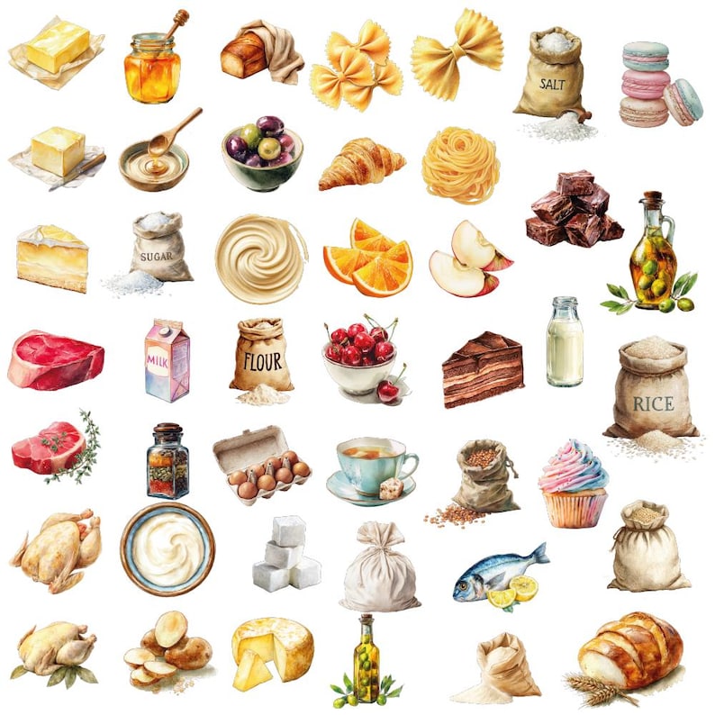Rustic Kitchen Clipart Bundle, Watercolor - Cooking Elements, Farmhouse ...