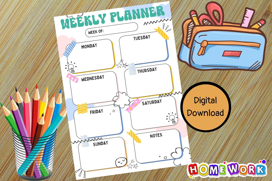 Printable Weekly Planner: Fun Homework & Study Organizer (digital ...