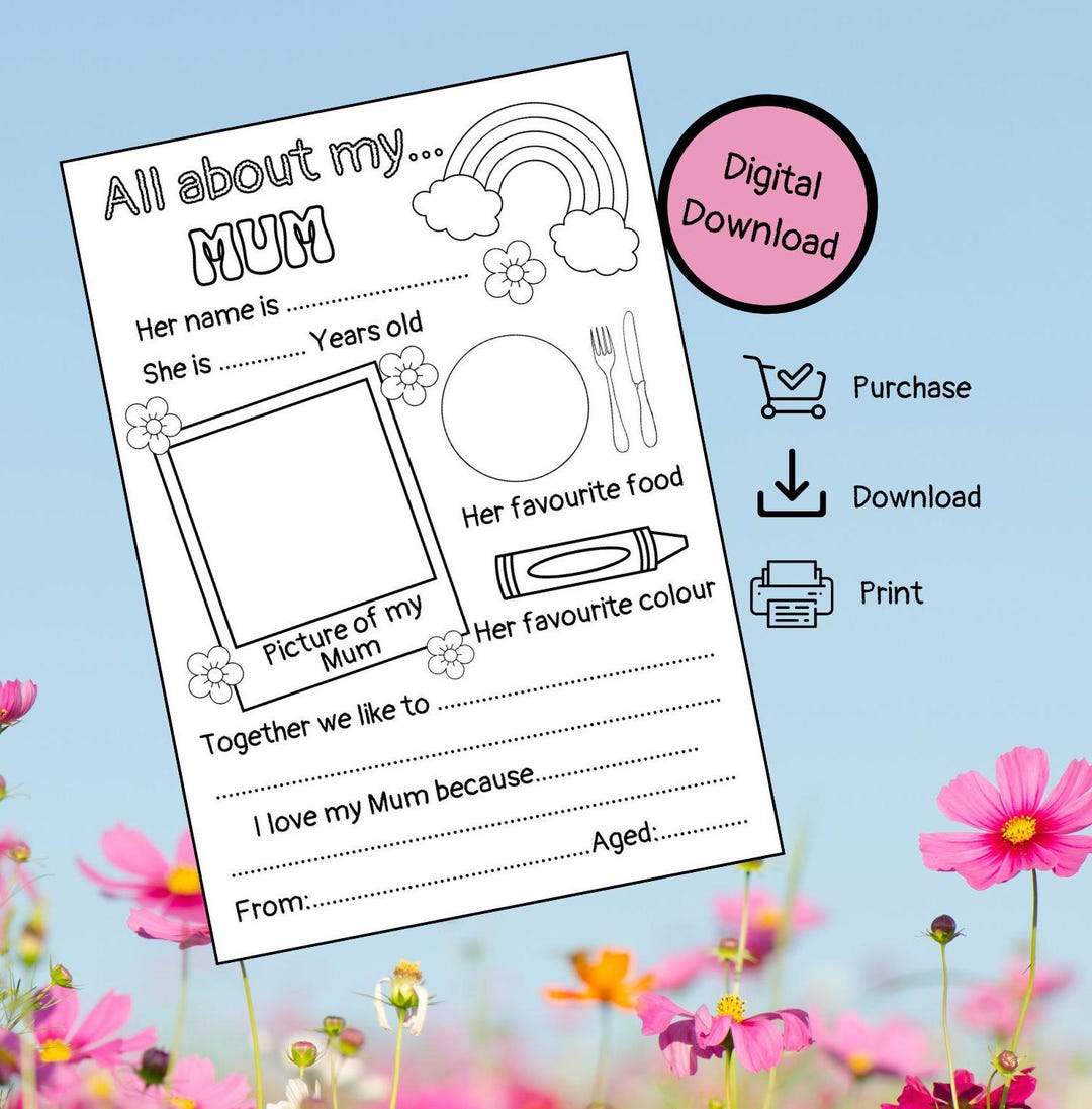 Mother's Day Printable, All About My Mum, Mothers Day Gift, Card for ...