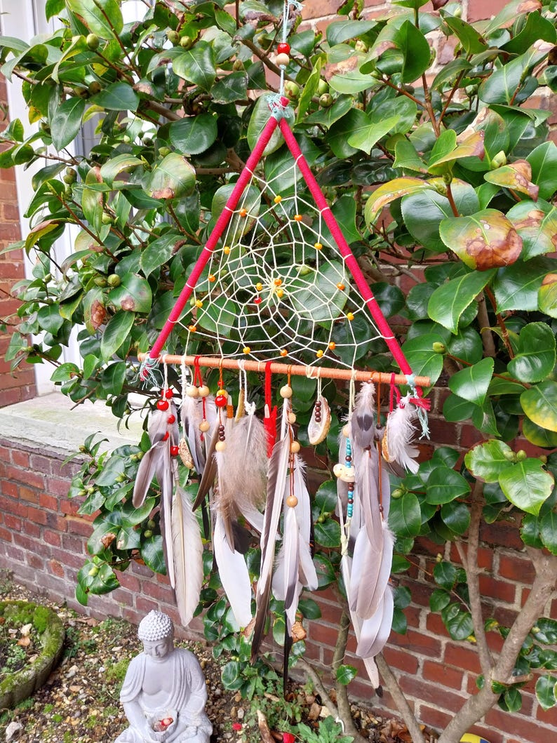 Triangle Dreamcatcher, Red/orange, Personalized Dreamcatcher, Feathers ...