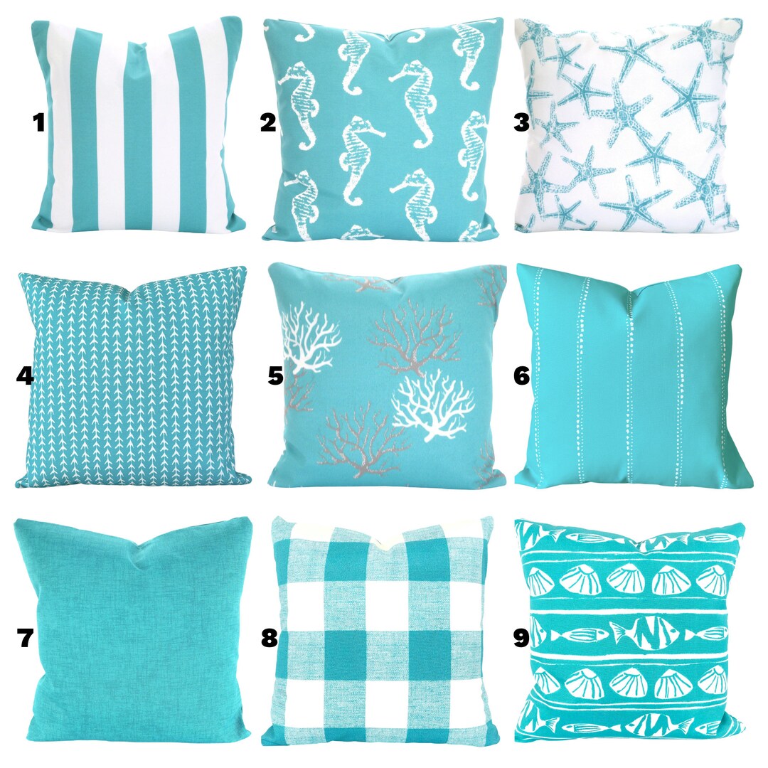 OUTDOOR Aqua Pillow Covers, Beach Decor Throw Pillows Nautical Cushion ...