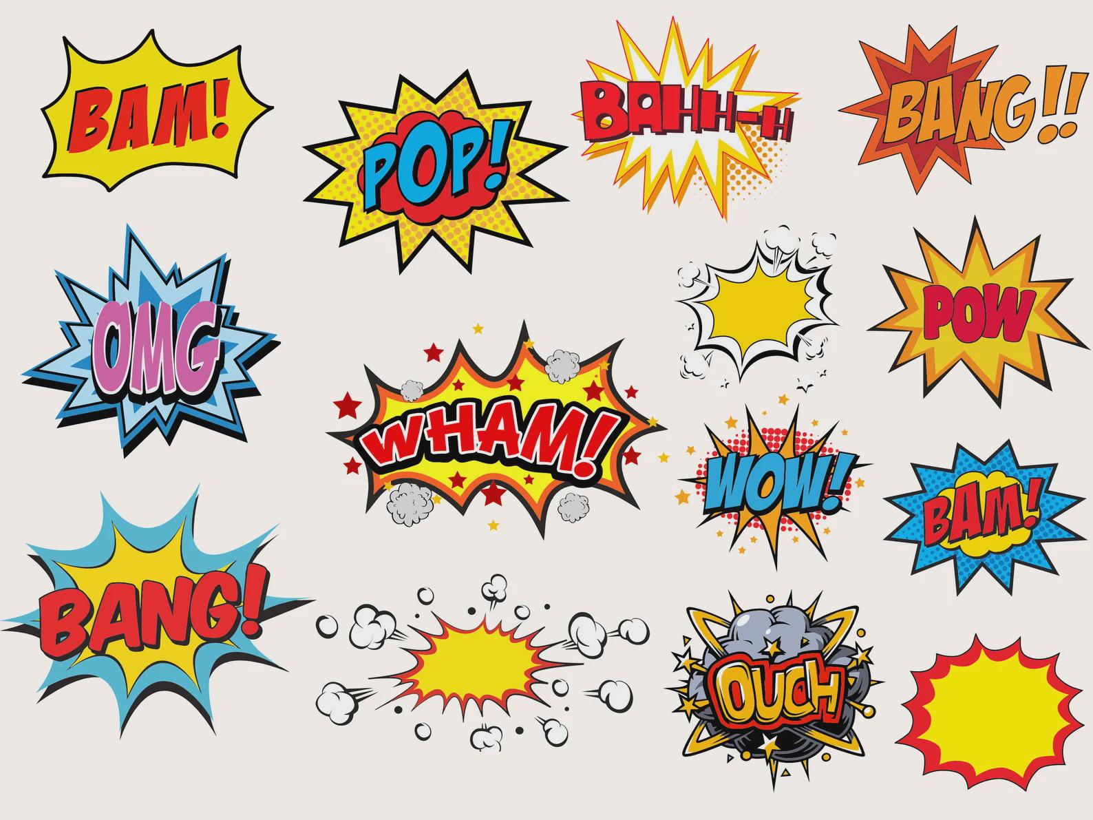 40+ Comic Style Action Bubbles SVG & PNG Set - Cartoon Clipart, Speech ...