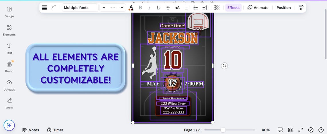 Editable 'basketball' Birthday Invitation Canva Template - Front & Back ...