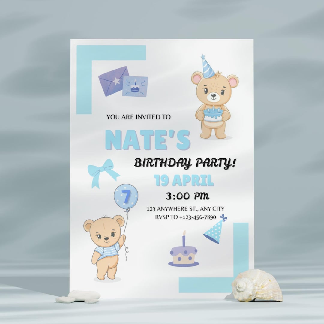 Editable Bear Birthday Invitation Template - Front & Back, 3 Sizes ...