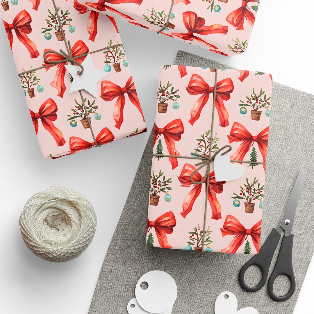 Pink Christmas Wrapping Paper - Red Bow Gift Wrap With Holiday Trees ...