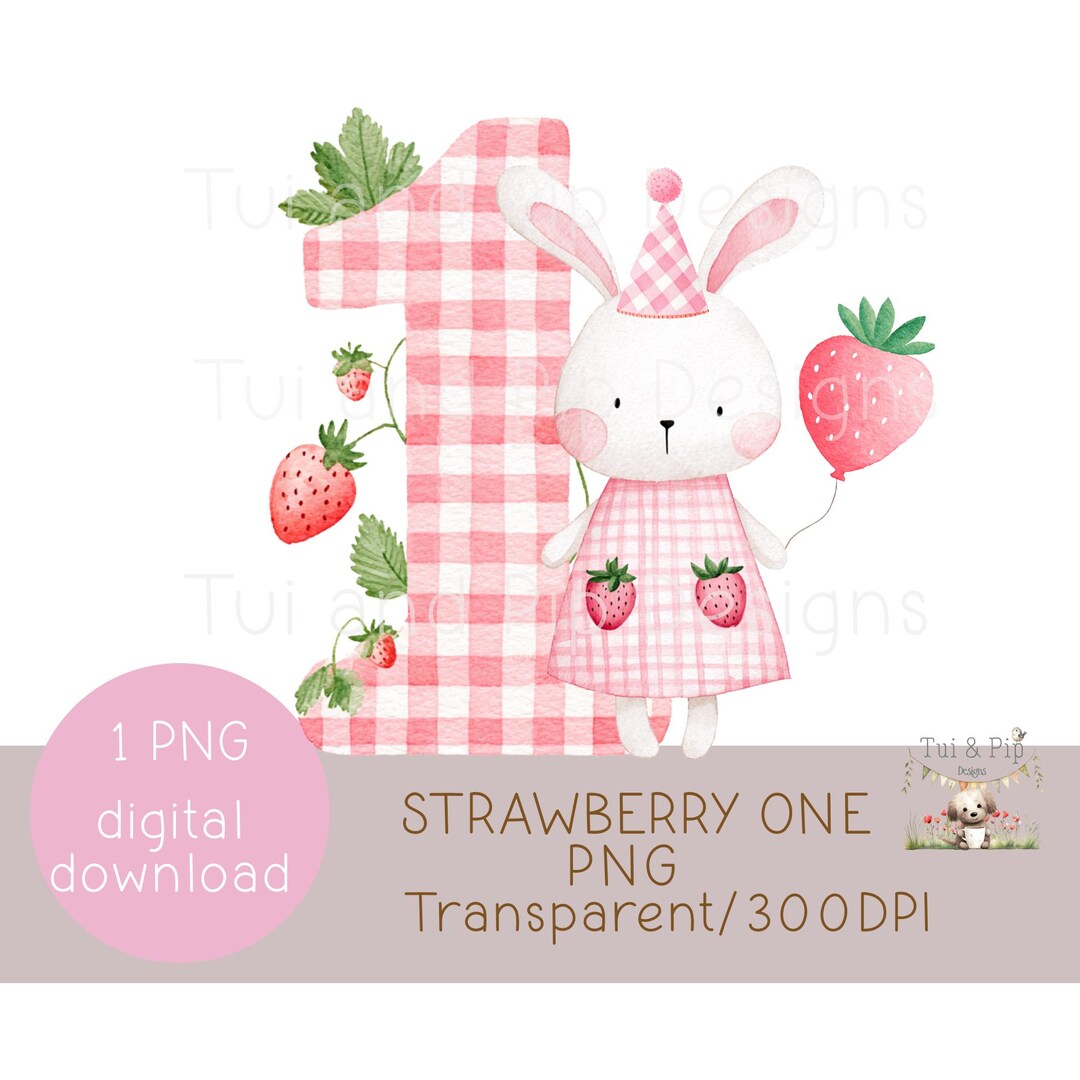 Gingham Number 1 Png | Strawberry Bunny First Birthday Design | Cute ...