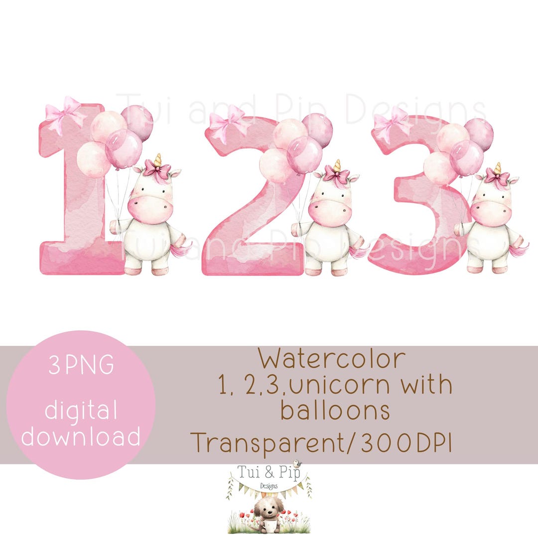 Watercolour Unicorn Numbers 1-3 PNG: Birthday Clipart (digital Download ...