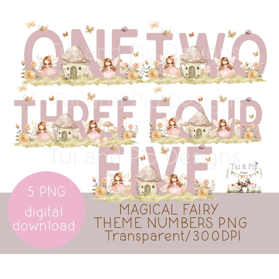 Enchanted Fairy Magic Number Words 1–5 PNG Bundle – Pastel Watercolour ...
