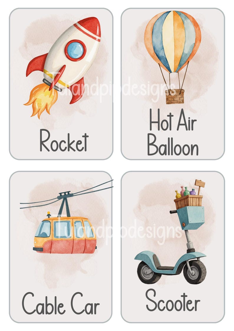 Watercolour Transport Flashcards: Kids Learning Resource (digital ...