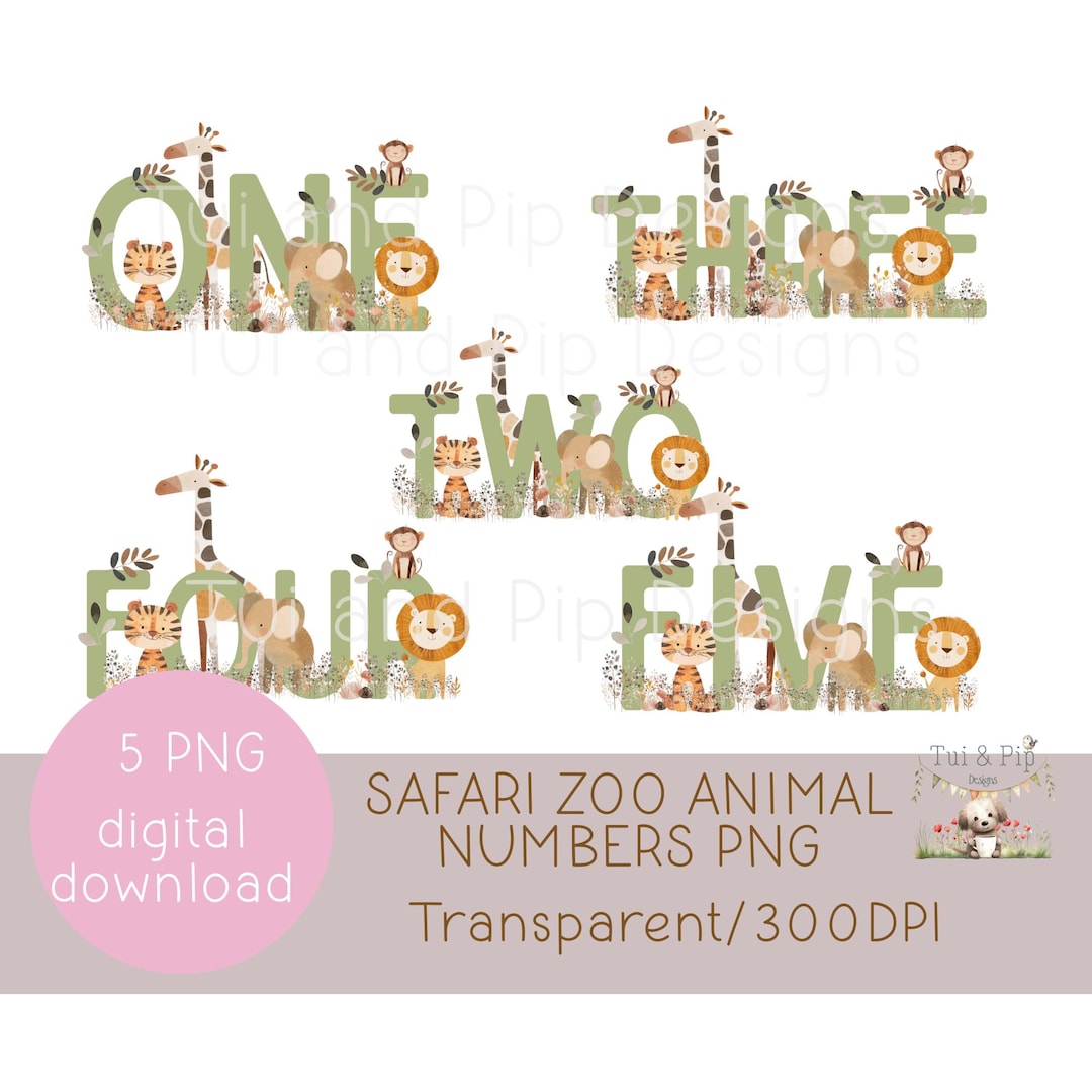 Safari Animals Numbers 1–5 – PNG Bundle (transparent Background, 300 ...