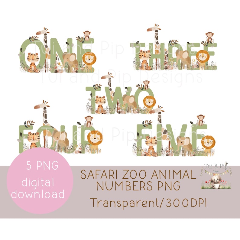 Safari Animals Numbers 1–5 – PNG Bundle (transparent Background, 300 ...
